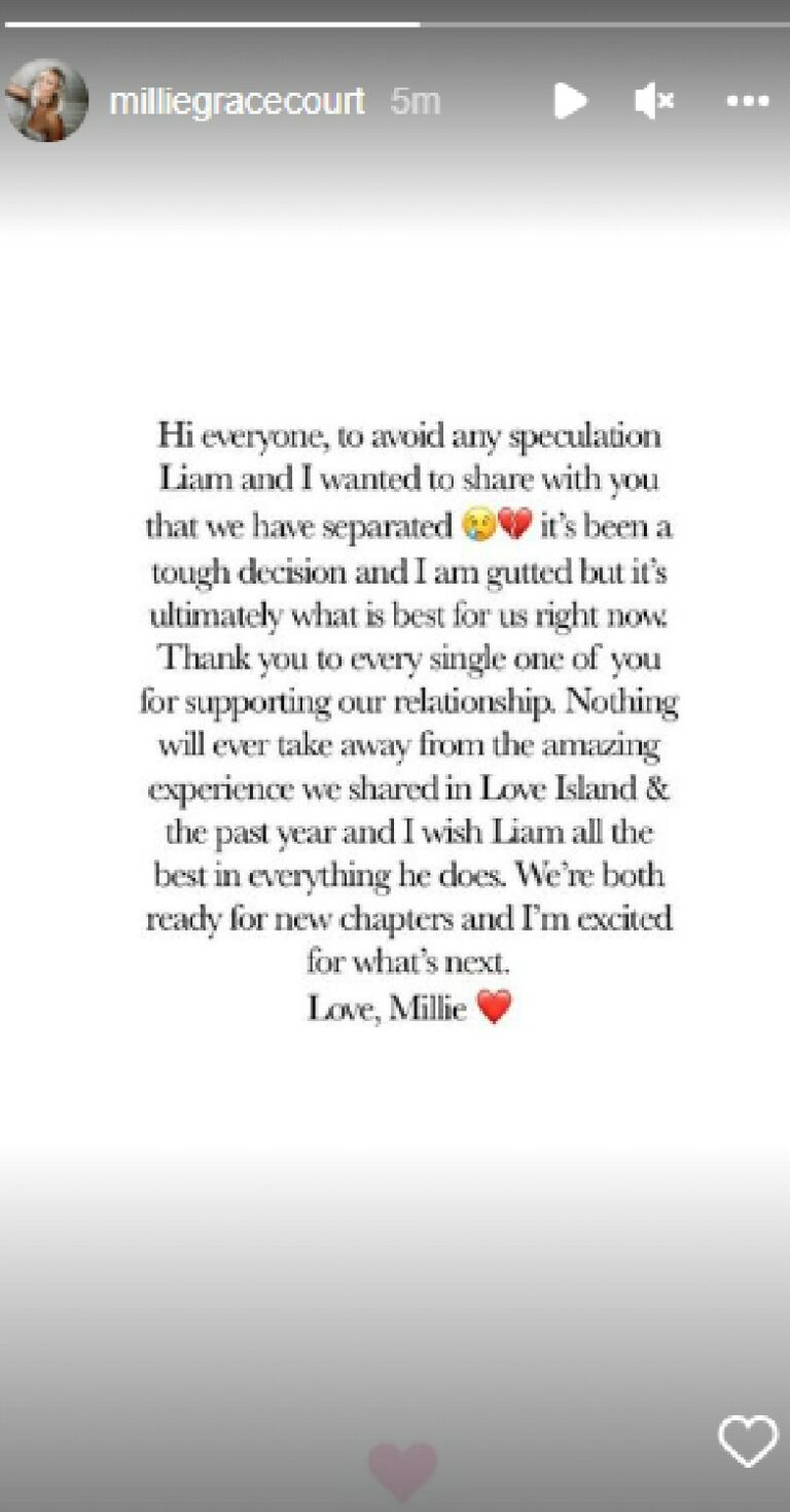 Millie Court and Liam Reardon announce split after Love Island win