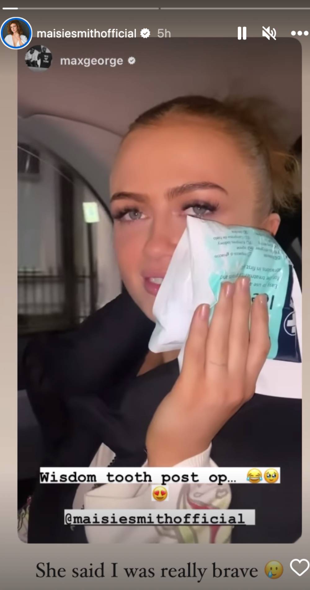 Maisie Smith supported by Max George as she makes hospital visit