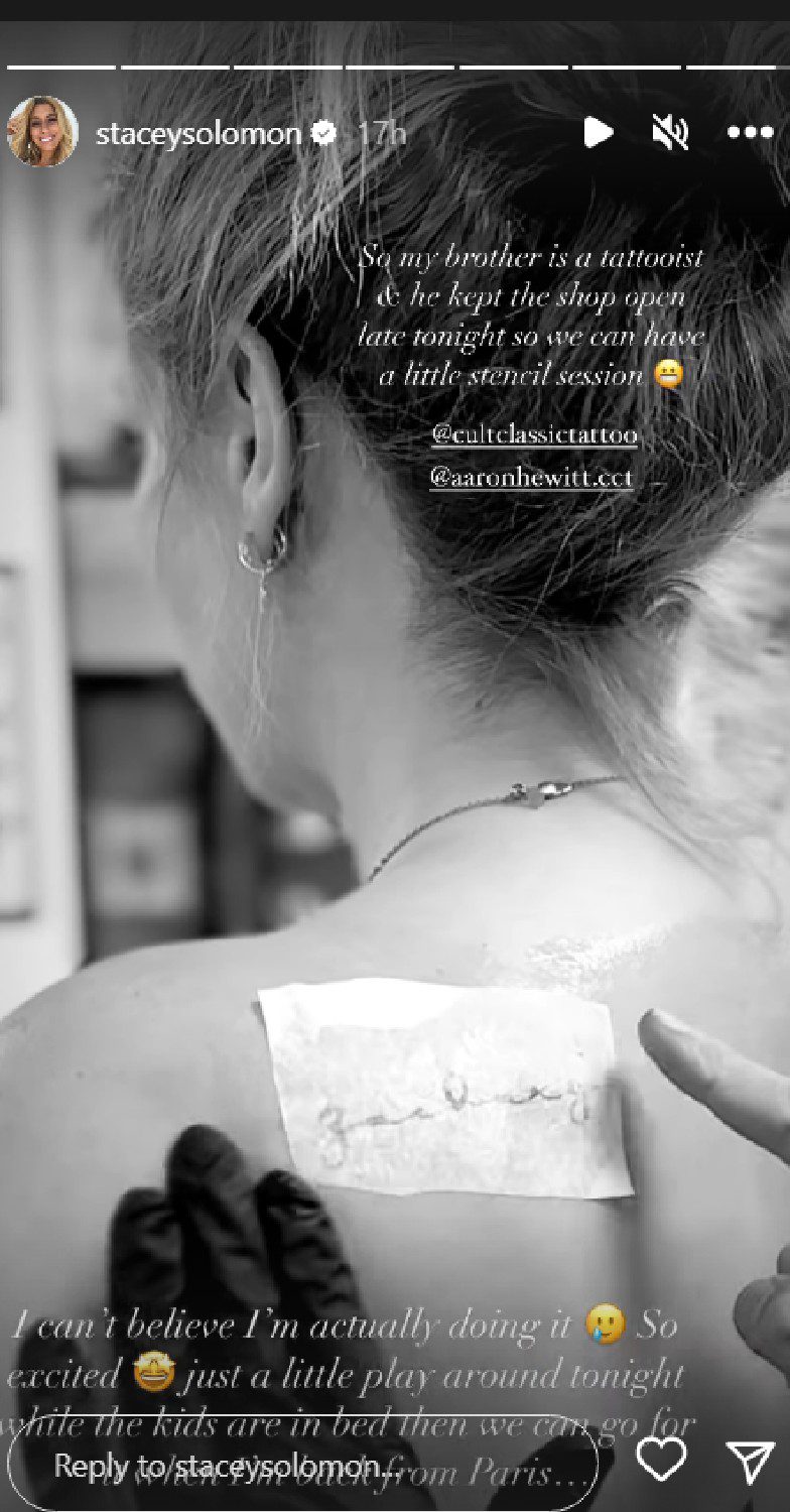 Stacey Solomon shares video from first tattoo session
