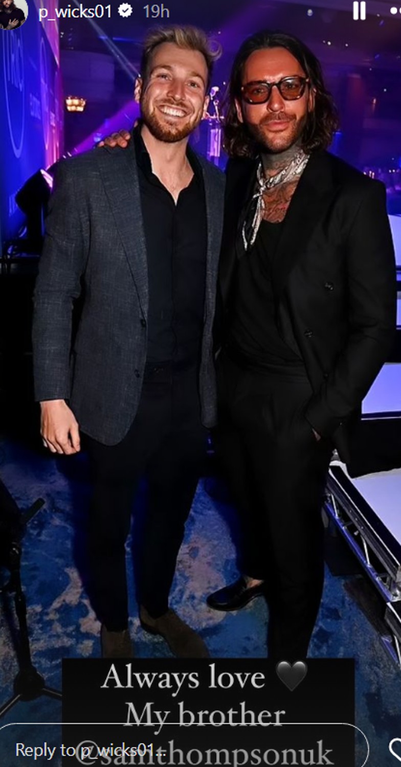 Sam Thompson supported by Pete Wicks as he cries twice on night out