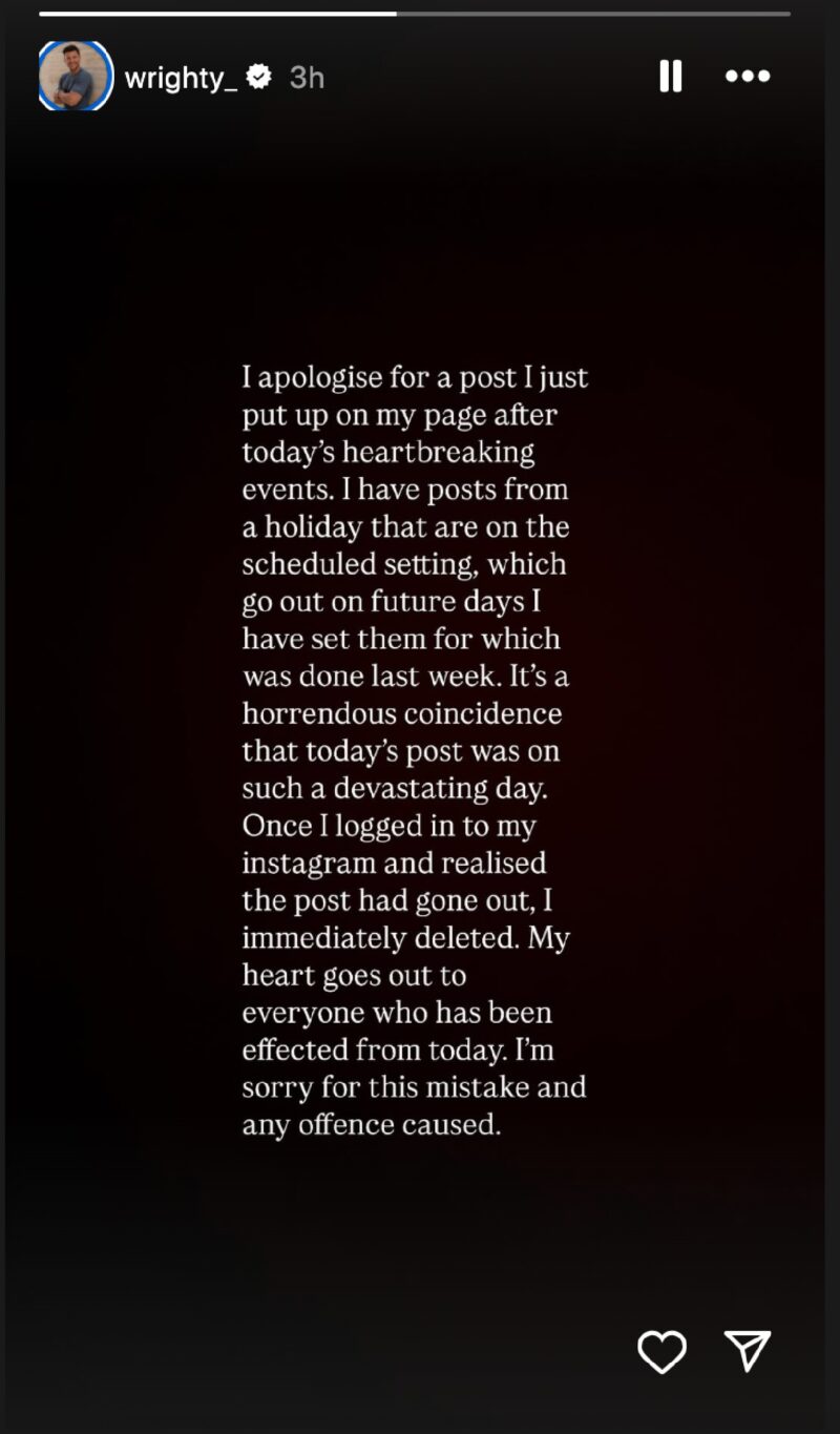 Mark Wright issues apology on Instagram following 'heartbreaking' news